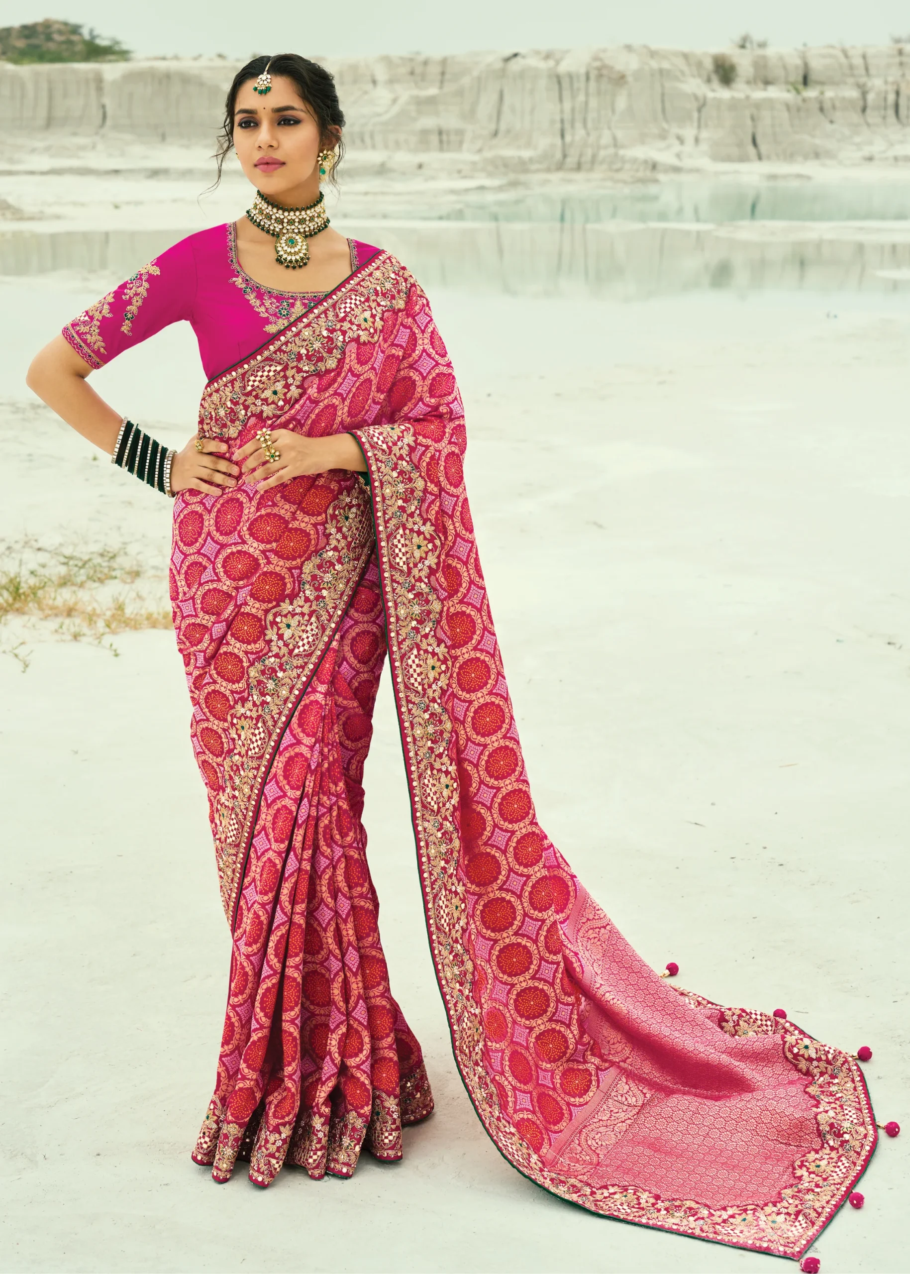 Rose Revelry: Pink Bandhej saree